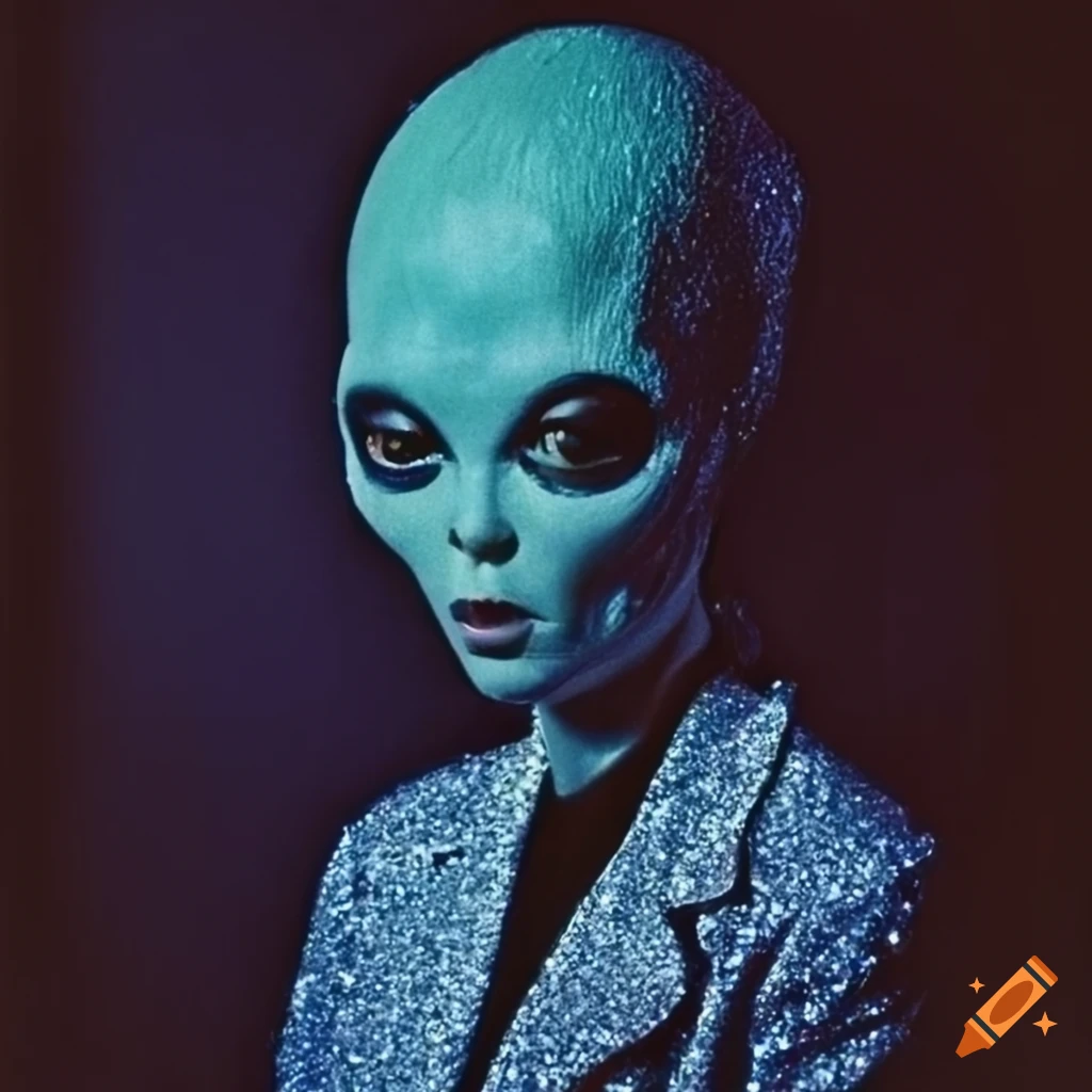 Vintage polaroid photo of an alien lady in a glitter blazer