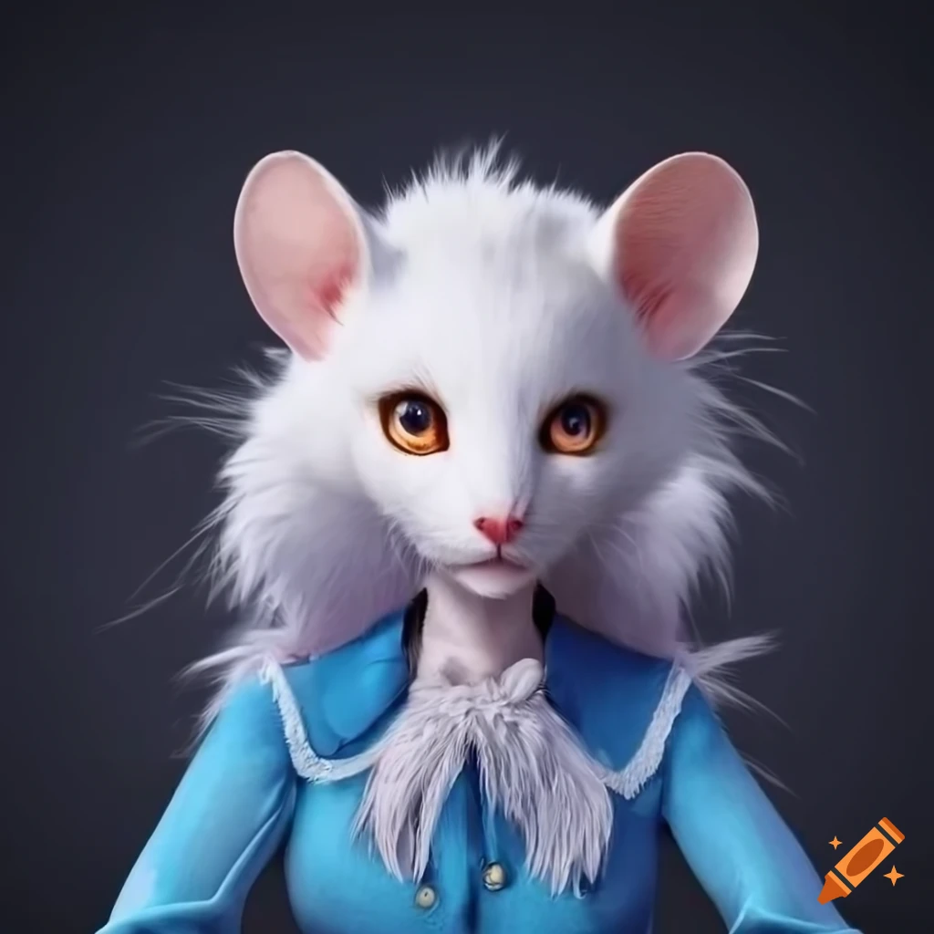 Portrait of a playful white-furred female mouse on Craiyon