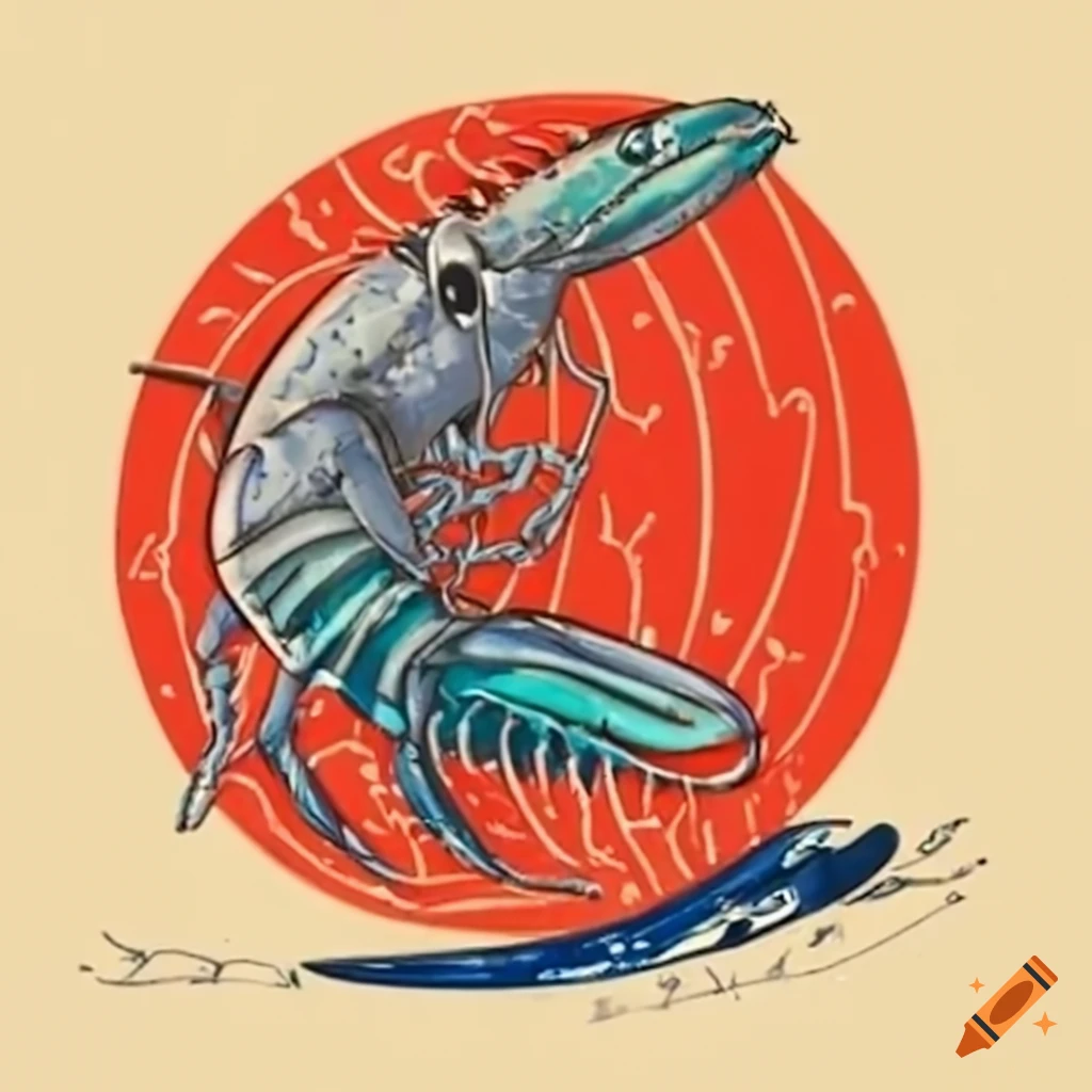 Lobster surfing on a board on Craiyon