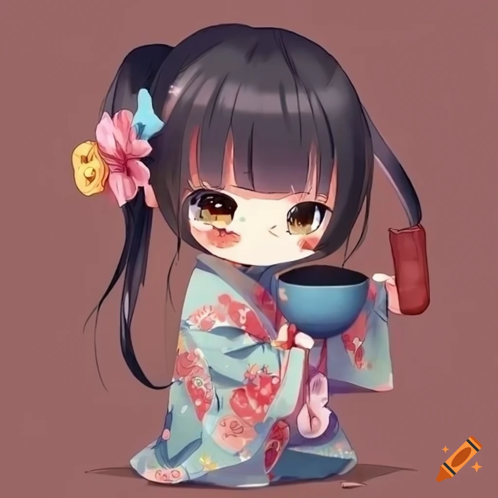 Chibi anime character drinking tea in a kimono on Craiyon