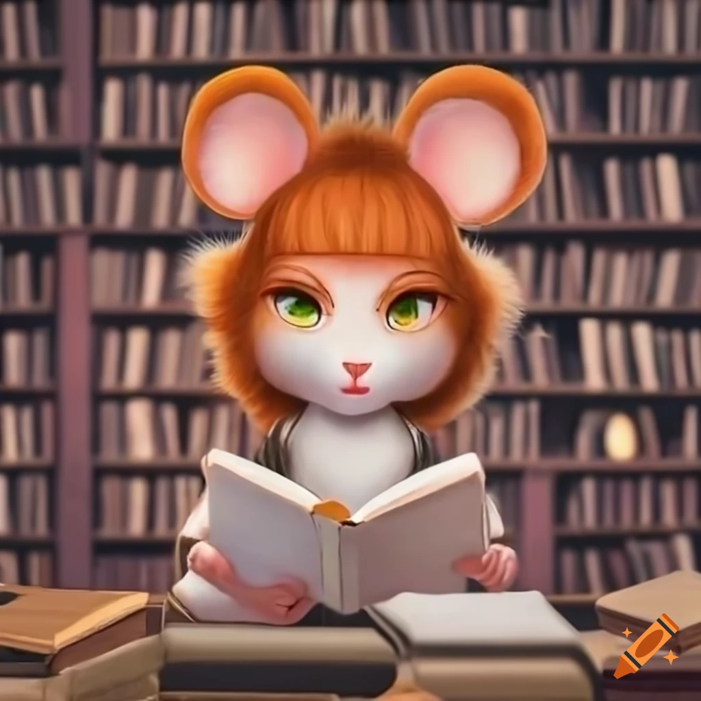 Illustration of a cute mouse girl reading in a library