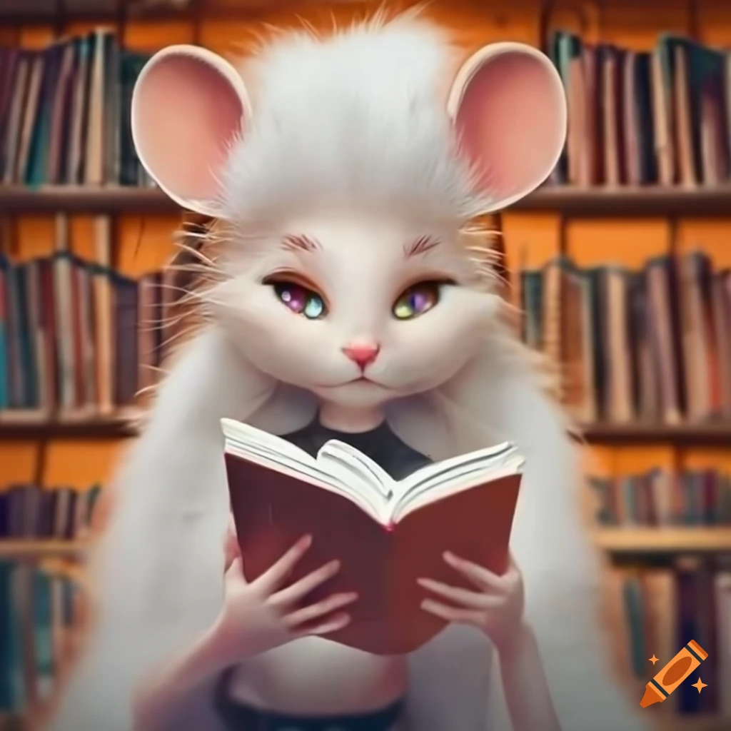 Illustration of a cute mouse girl reading in a library