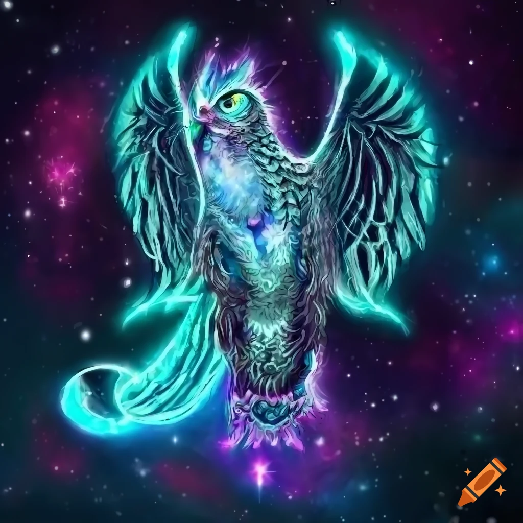 Neon stylized fantasy owl artwork on Craiyon