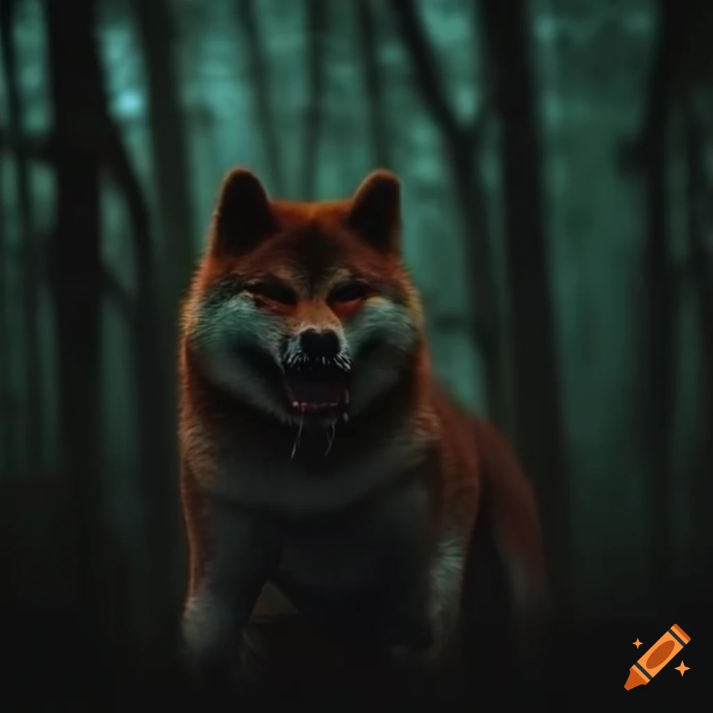 Mystical and creepy akita inu shiba dog in a dark forest on Craiyon