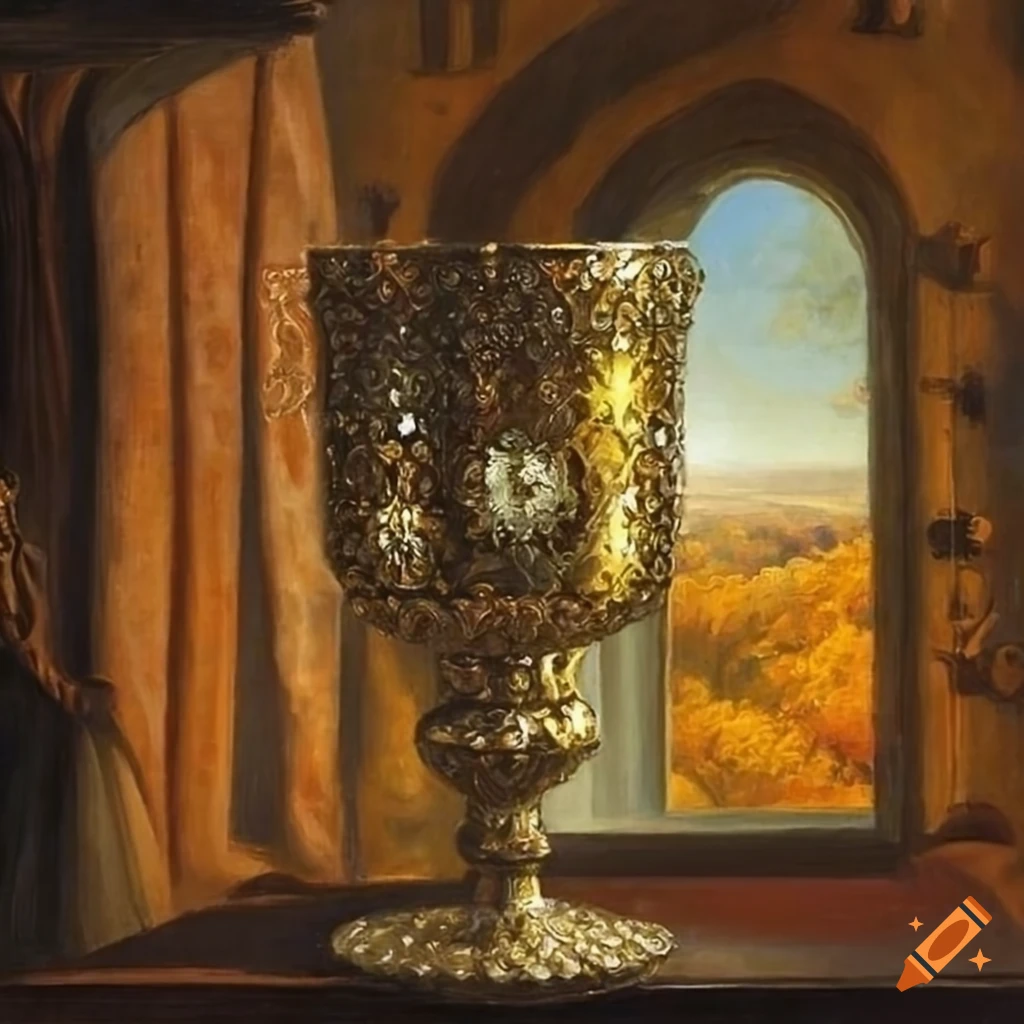 Oil painting of a diamond-encrusted goblet in a medieval manor