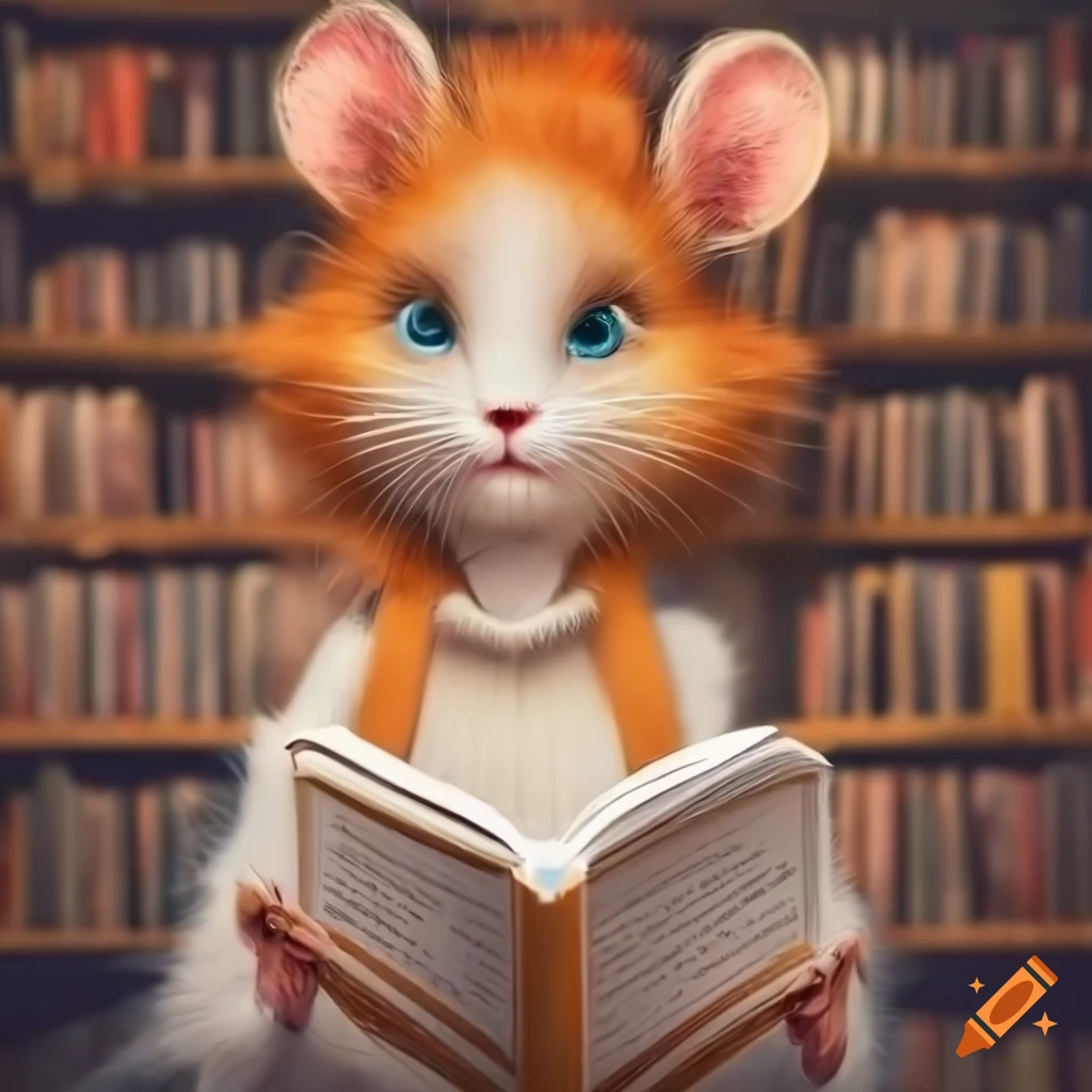 Illustration of a cute mouse girl reading in a library on Craiyon