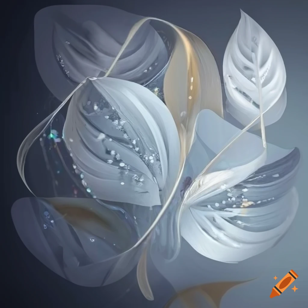 Abstract silver artwork with transparent leaves and flowers