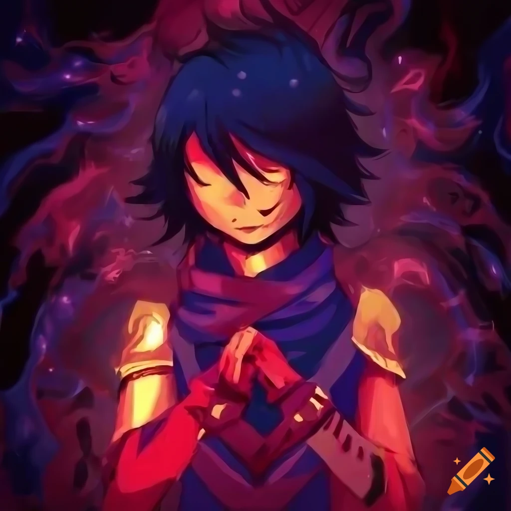 Artwork of kris from deltarune in fiery neon environment