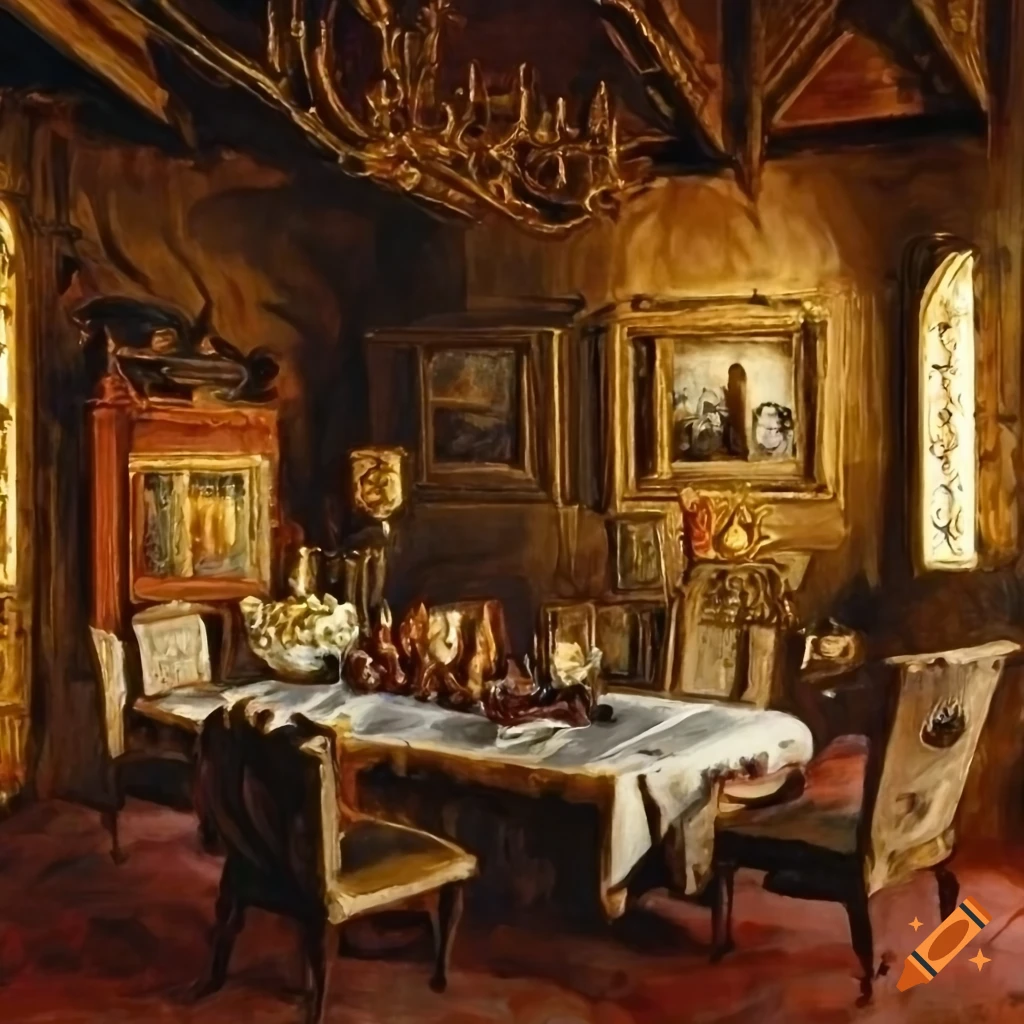 Oil painting of a richly decorated dining room on Craiyon