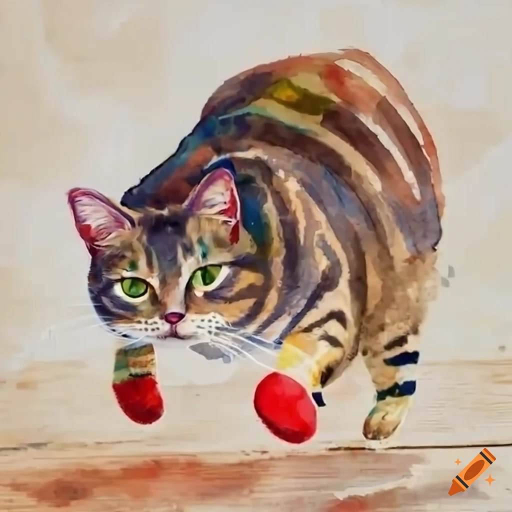 Tabby cat running on a wooden table on Craiyon