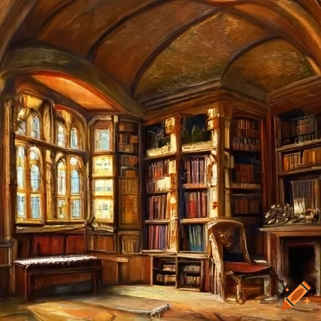 Oil painting of a grand medieval library