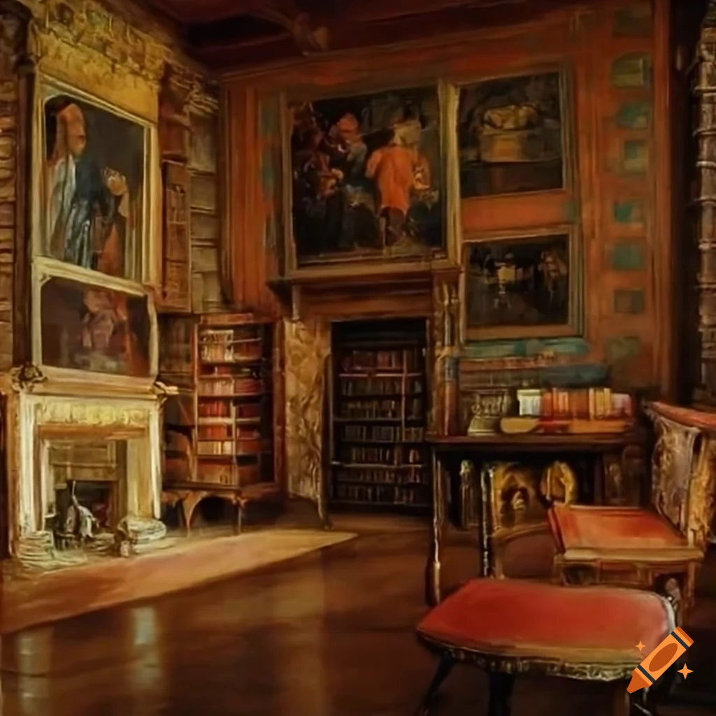 Oil painting of a grand medieval library in autumn