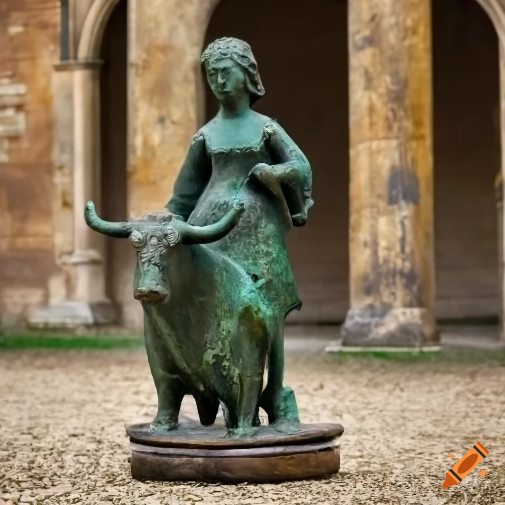 Bronze statue of a girl with a bull in a medieval manor