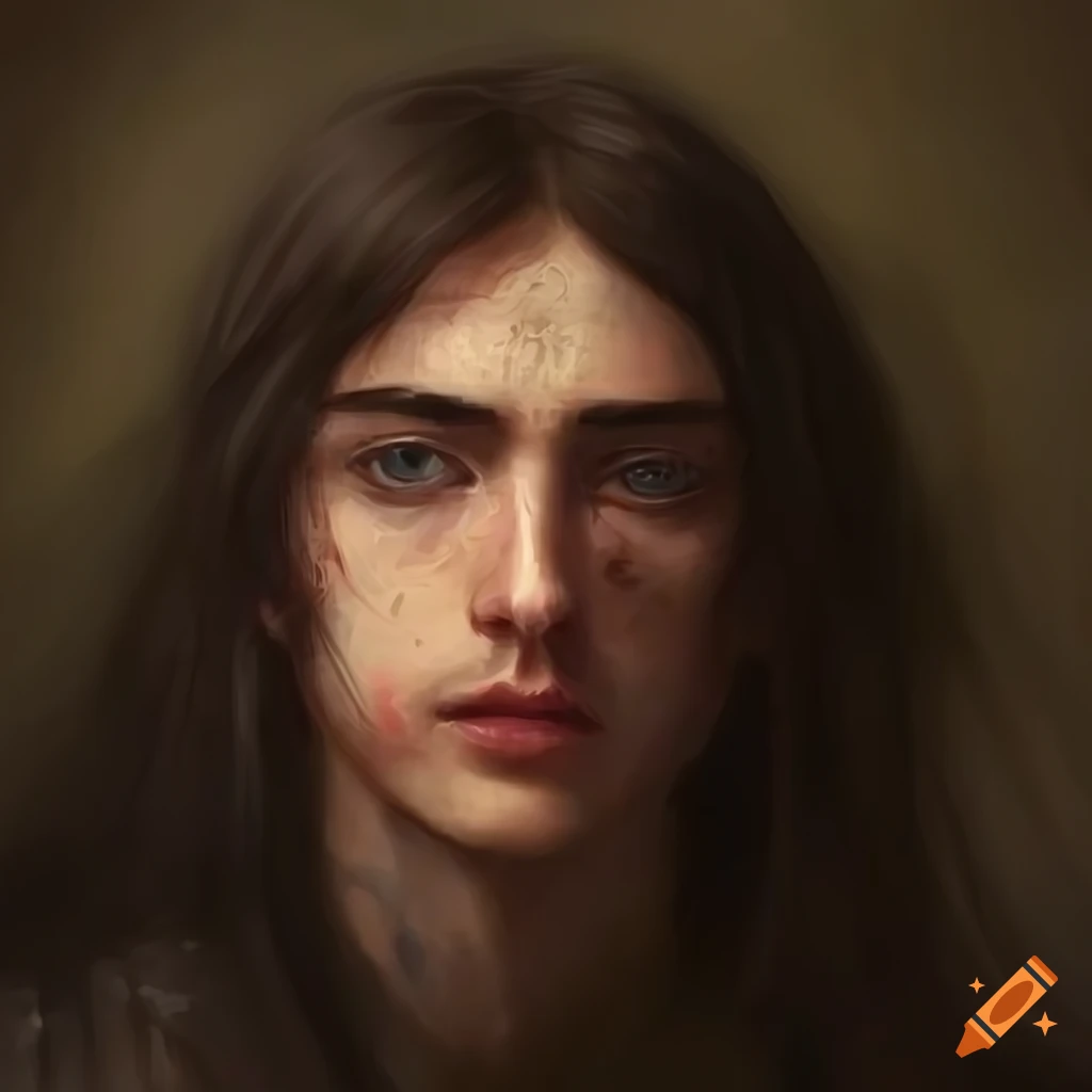 Oil painting of a young man with wounds and long hair on Craiyon