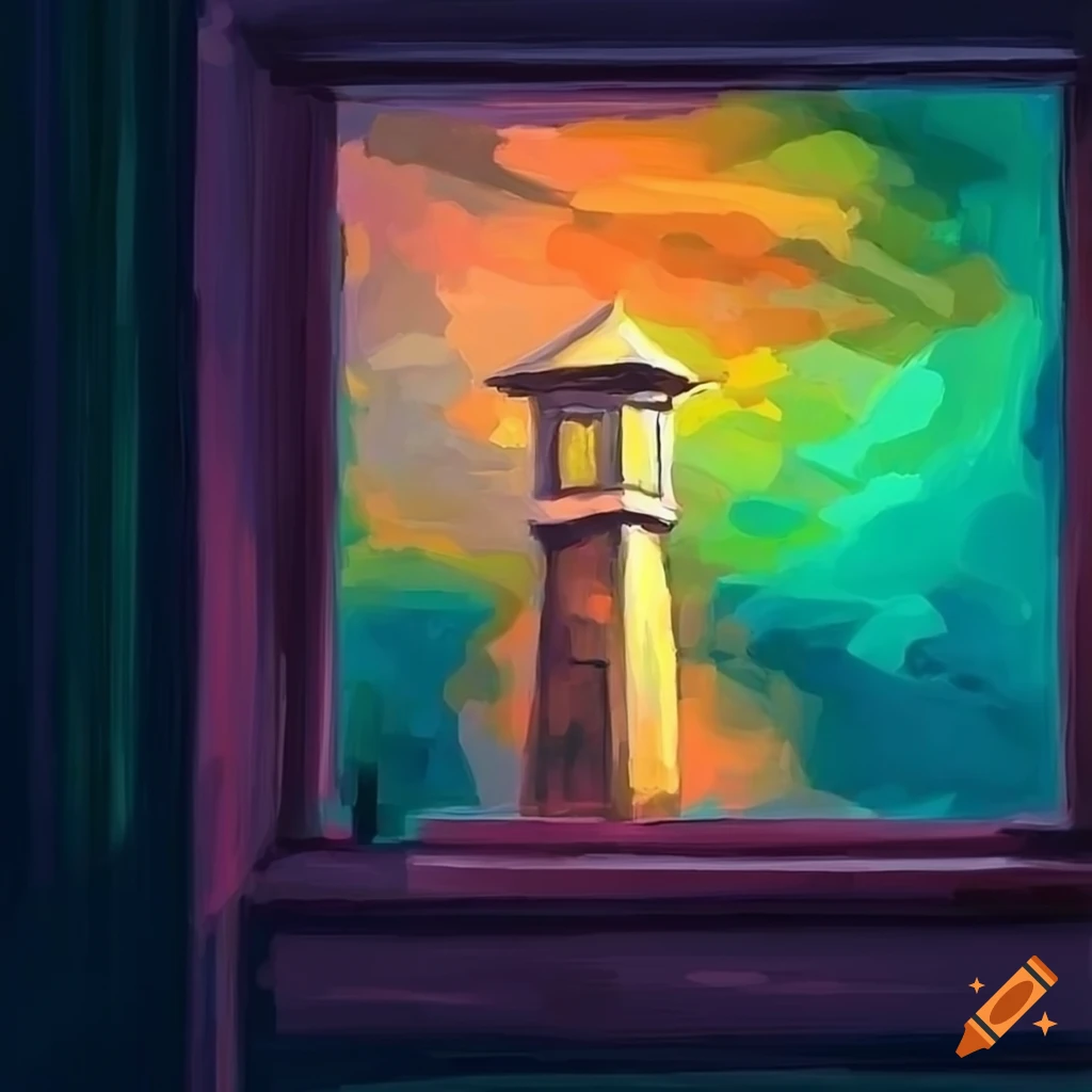 Acrylic illustration of a watchtower in the sky on Craiyon