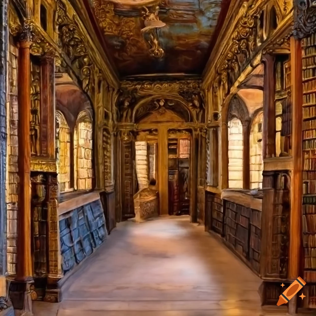 Ornate golden gate in a medieval library on Craiyon
