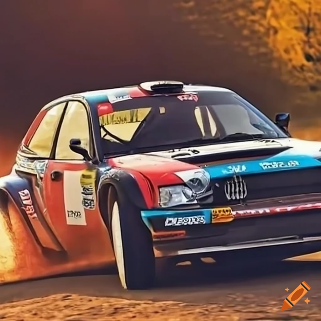 Macchina da rally in azione su pista sterrata on Craiyon