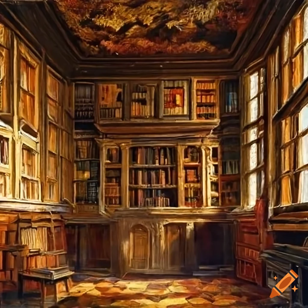 Oil painting of a Medieval manor library with open windows on Craiyon