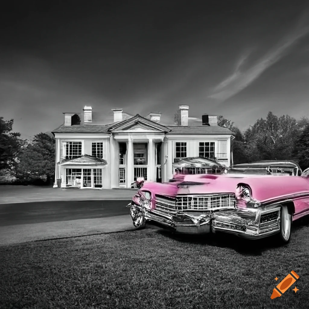 Photograph of graceland mansion with elvis' pink cadillac
