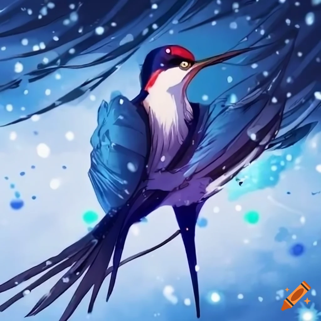 Anime style depiction of a colorful swallow bird in a snowy storm on ...