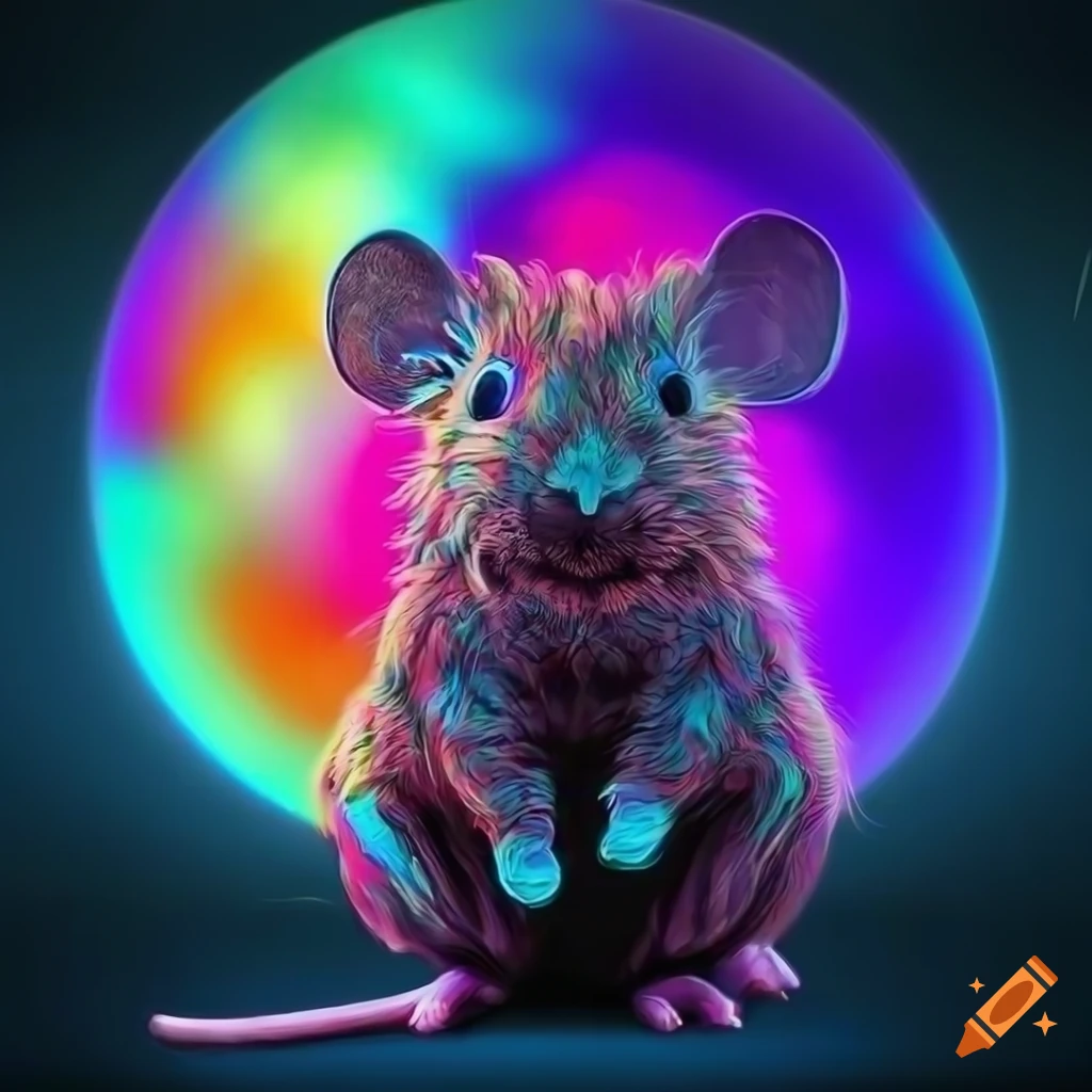 Colorful digital painting of a robotic-eyed mouse on Craiyon