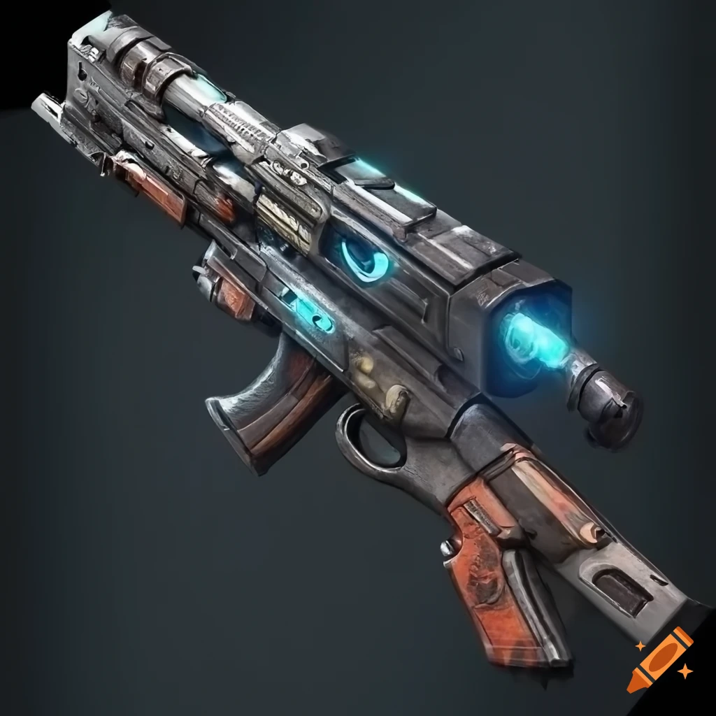 Sci-fi weapon display with detailed rifles and cases