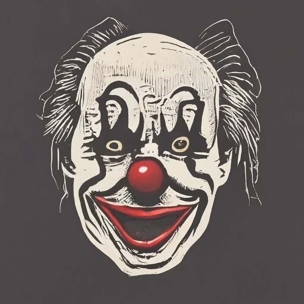 Linocut artwork of a creepy clown-faced politician on Craiyon