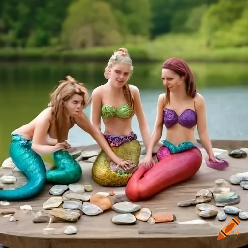 Mermaids playing a game by the lake