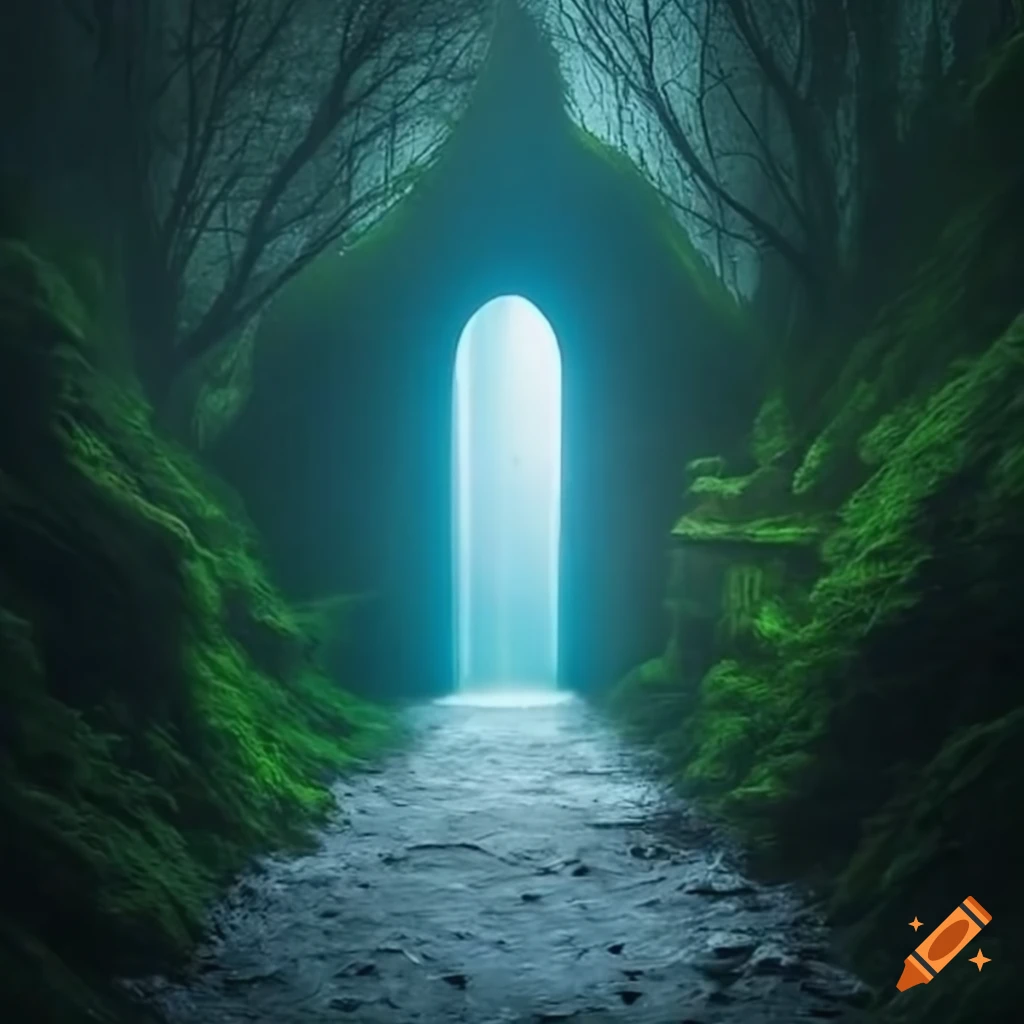 Artwork of a surreal forest with doors and stairs floating in space on ...