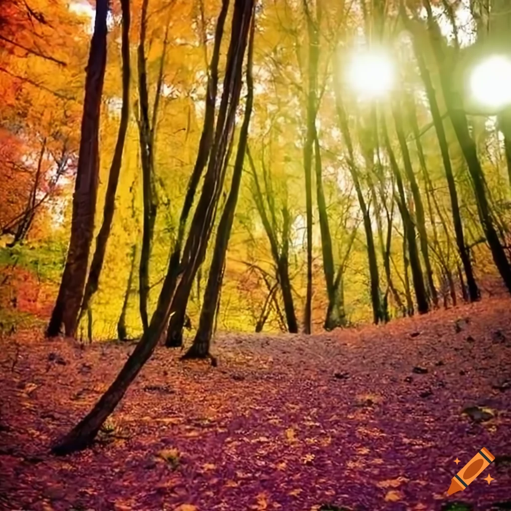 Colorful fall forest with unique leaves and fantasy creatures on Craiyon