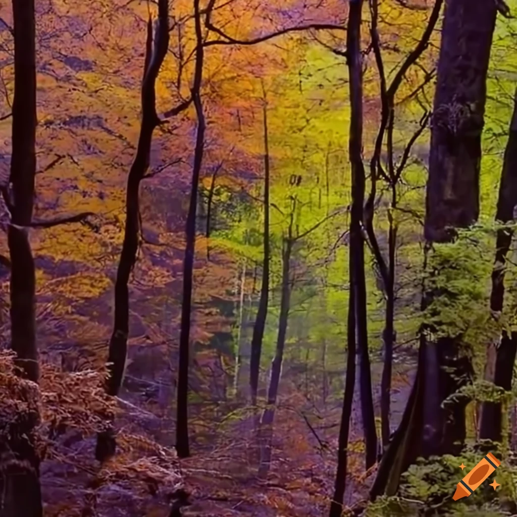 Colorful fall forest with unique leaves and fantasy creatures on Craiyon