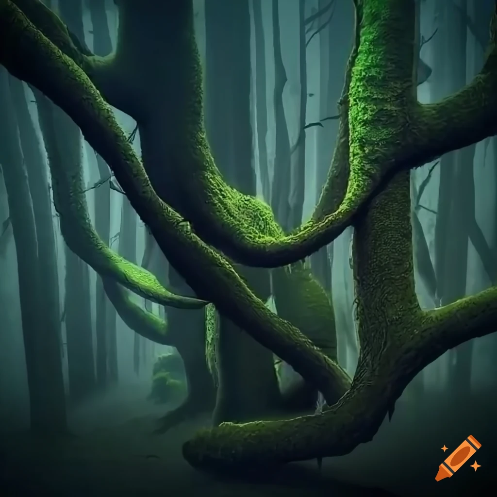 Creepy forest with colorful furry trees on Craiyon