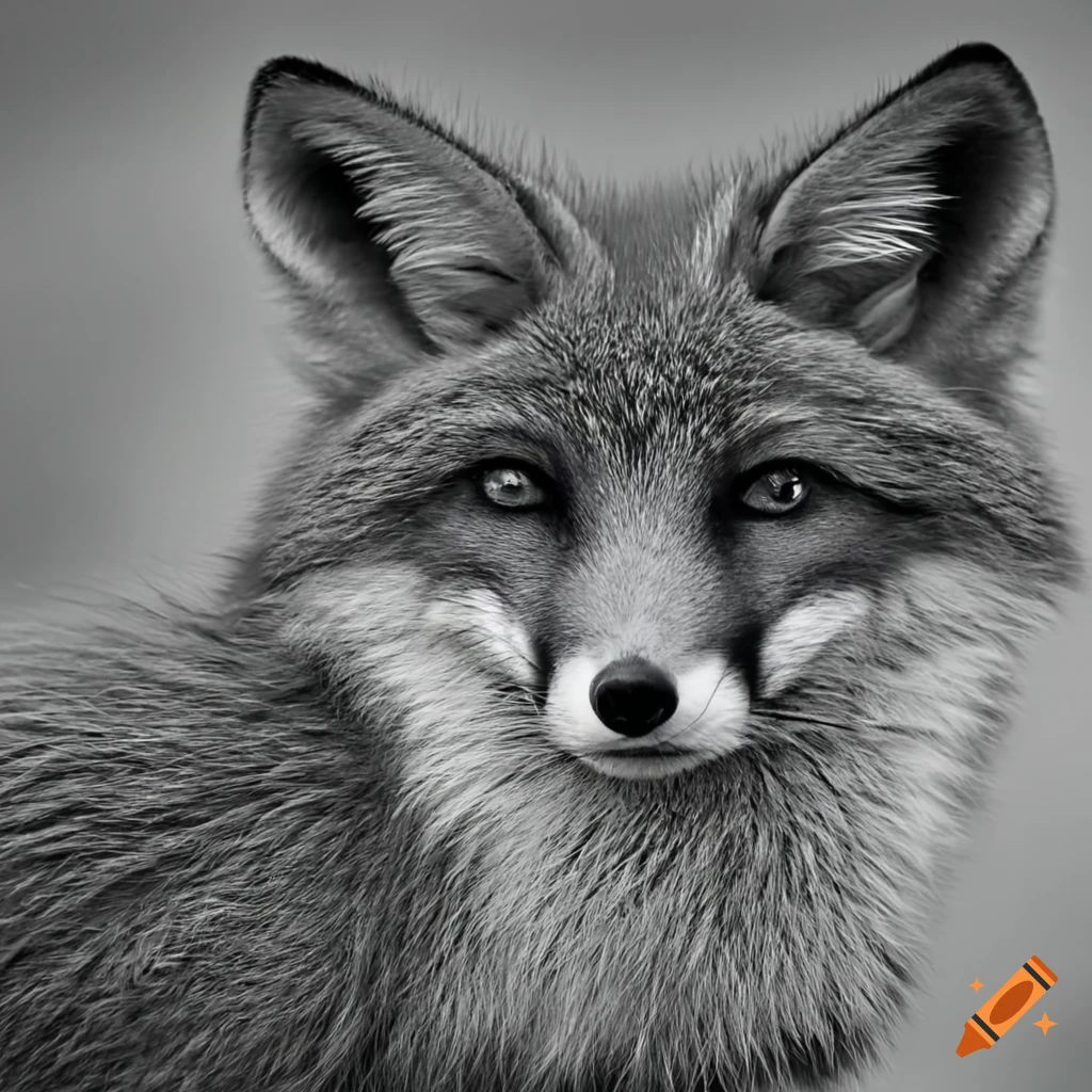 Detailed black and white photo of a fox with fur on Craiyon