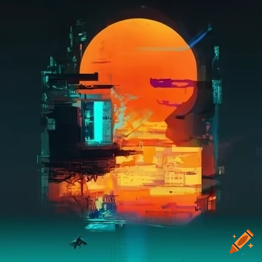 Cyberpunk artwork with orange and cyan colors