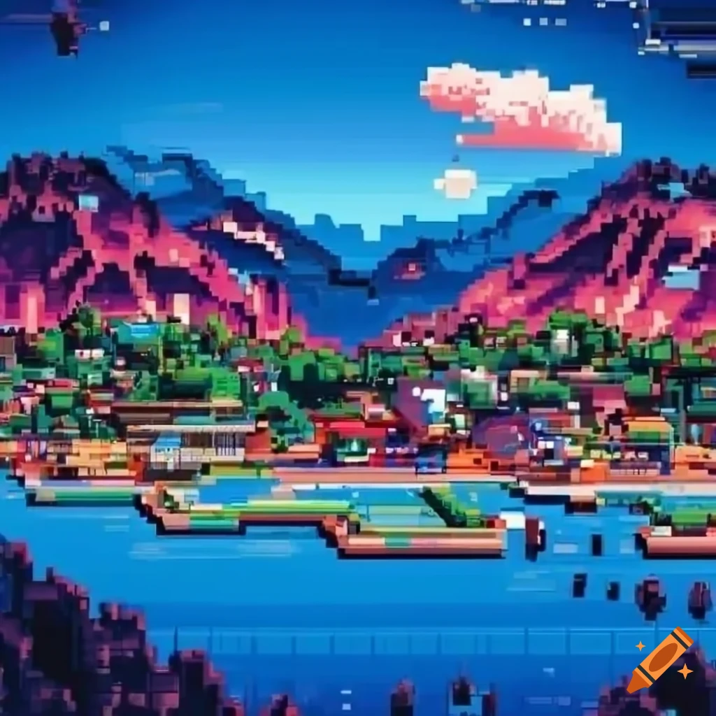 Pixel art illustration of the kanto region map from pokemon on Craiyon