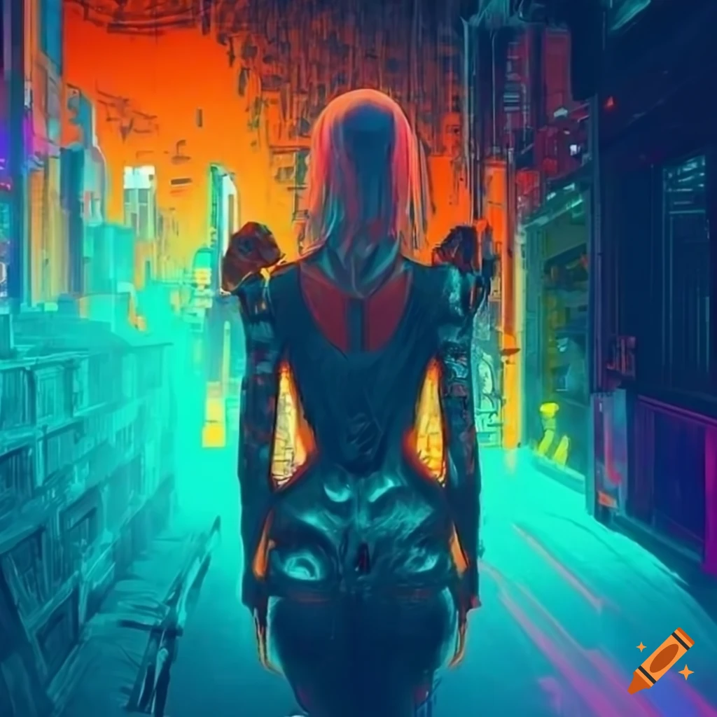 Cyberpunk artwork with vibrant orange and cyan colors