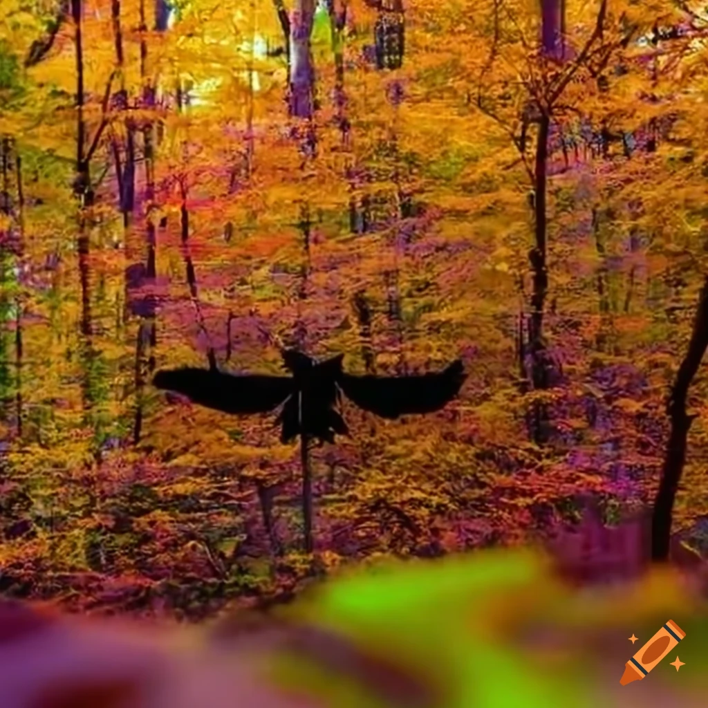 Colorful fall forest with strange leaves and furry insect creatures on Craiyon