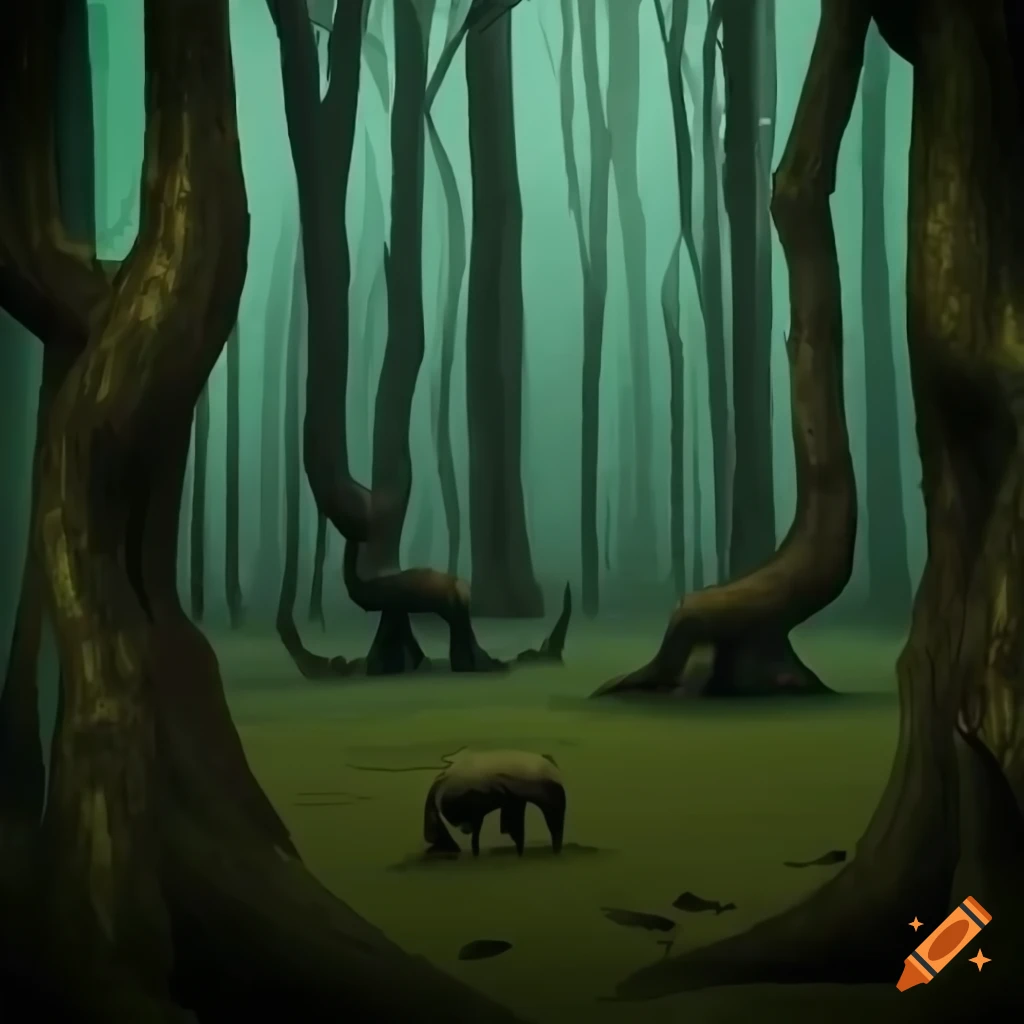 Dark and creepy forest with colorful furry trees on Craiyon
