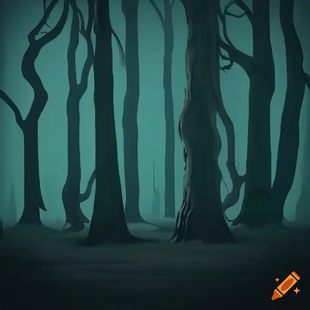 Dark and creepy forest with colorful furry trees on Craiyon