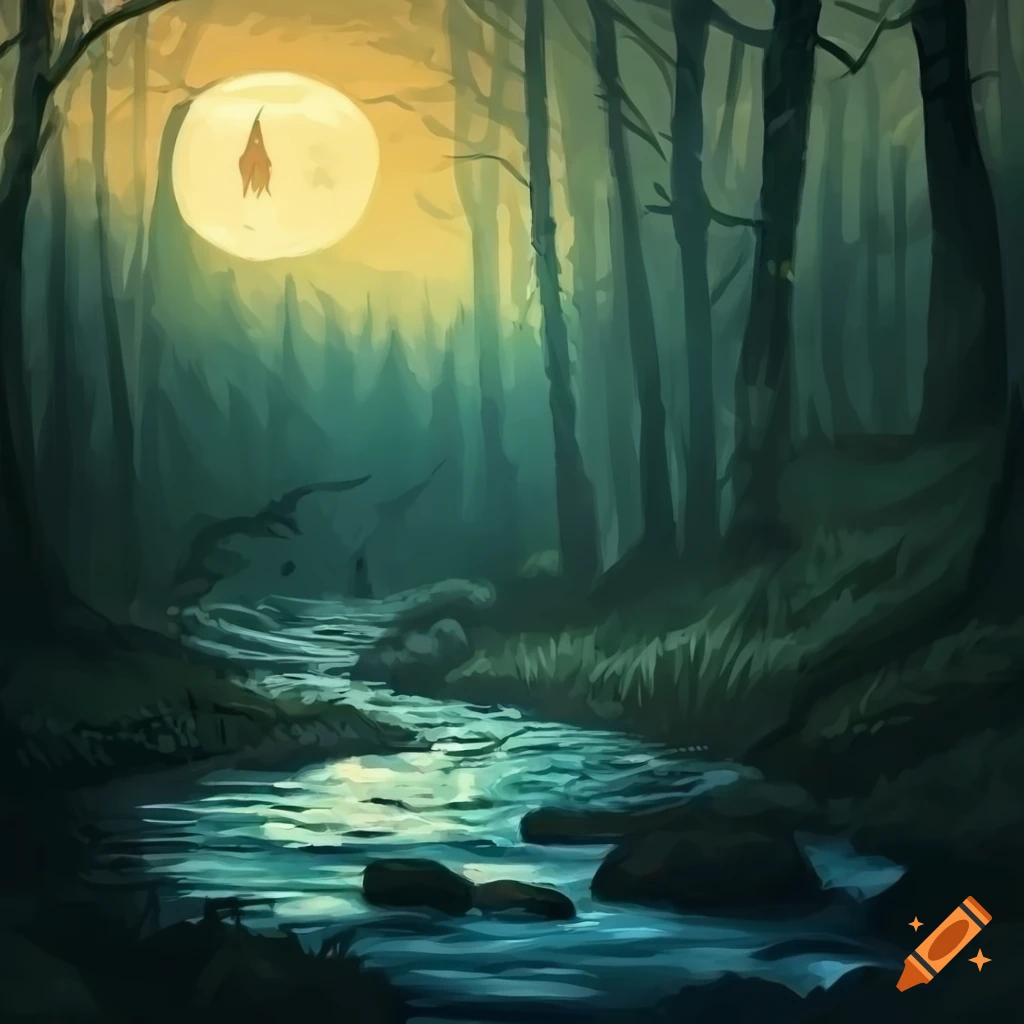 Illustration of a mythical german forest at night