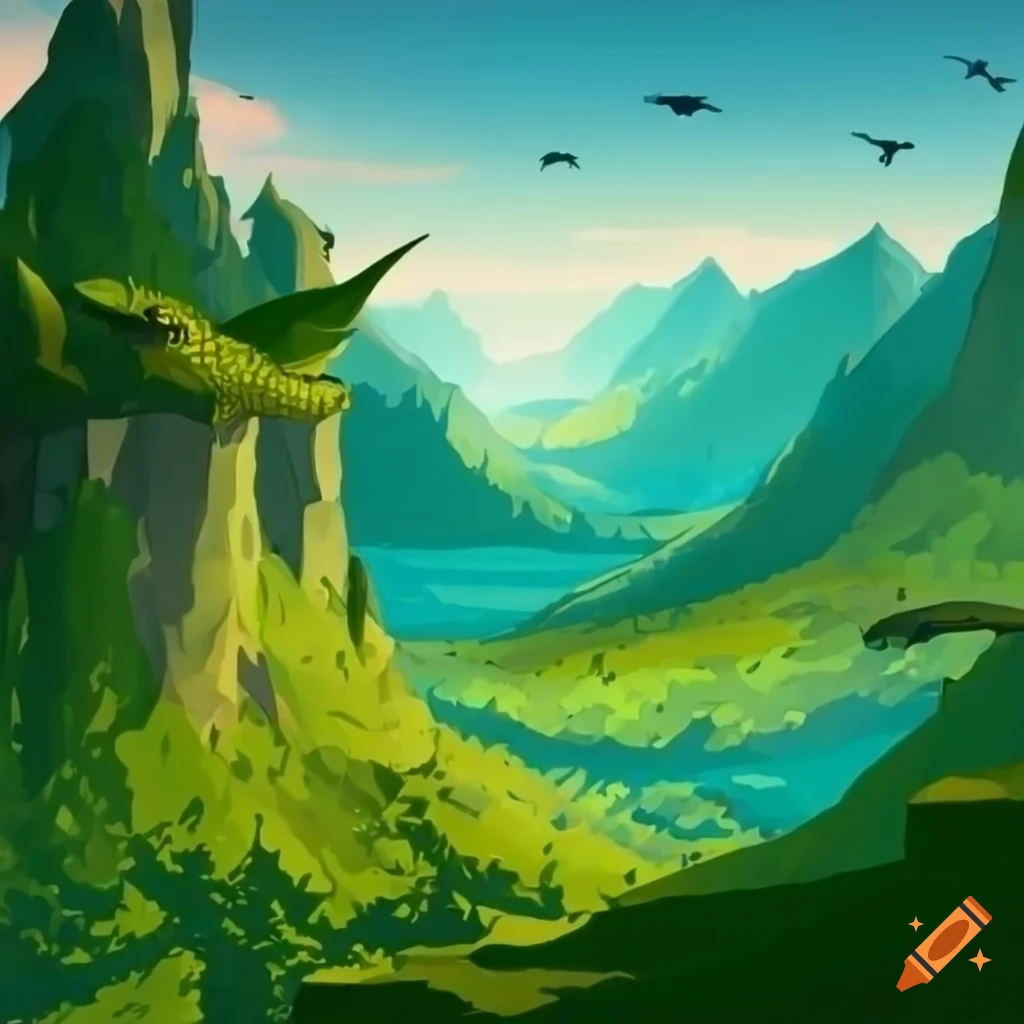 Wide-angle view of dragonite soaring over a lush landscape on Craiyon