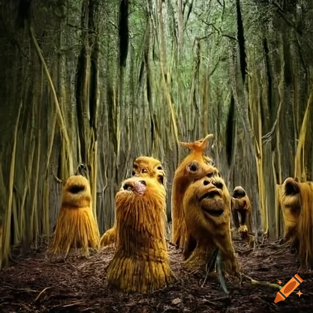 Artwork of humanoid tree figures in a colorful forest on Craiyon