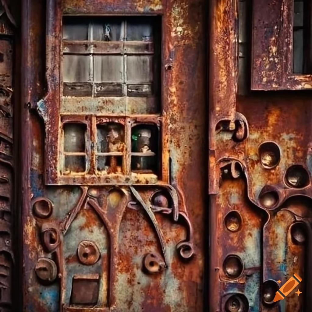Artistic depiction of rusted metal house with many windows on Craiyon