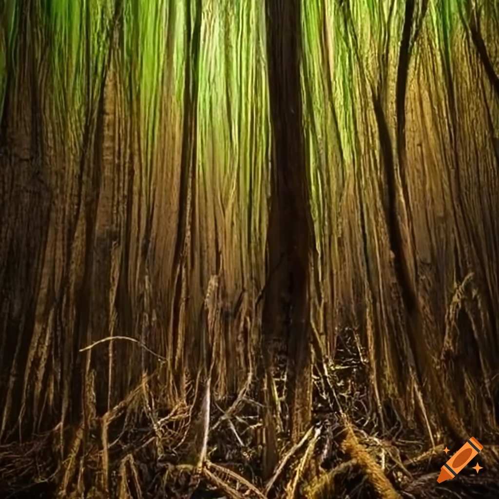 Artwork of humanoid tree figures in a colorful forest on Craiyon