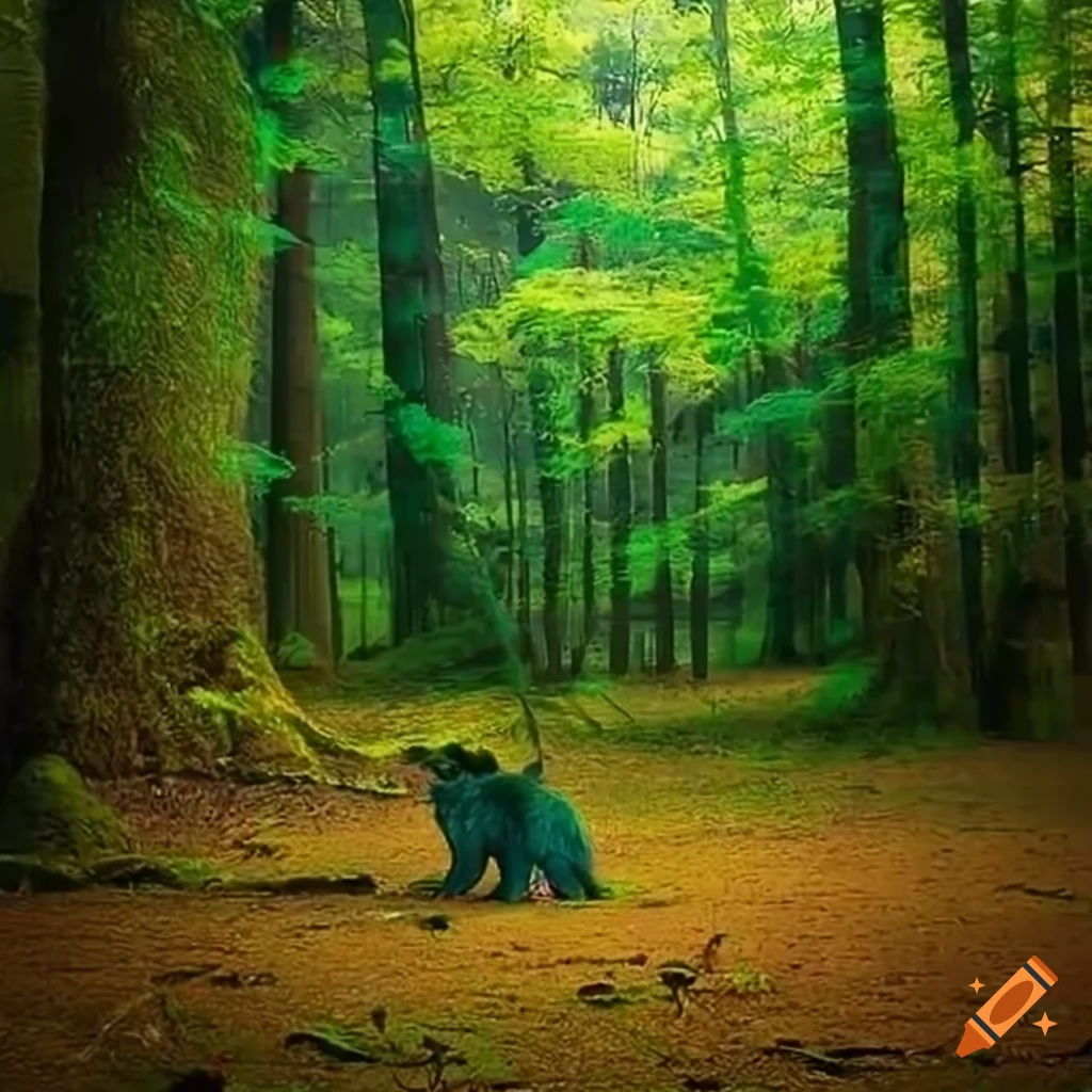 Colorful forest with furry creatures and green clouds on Craiyon