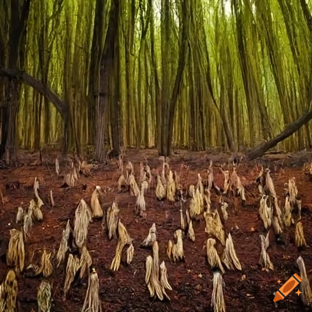 Artwork of humanoid tree figures in a colorful forest on Craiyon