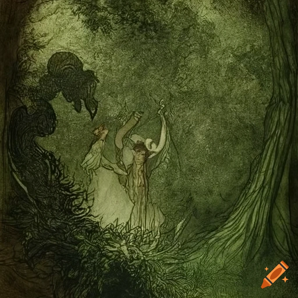 Detailed illustration of luthien dancing in a foggy forest on Craiyon