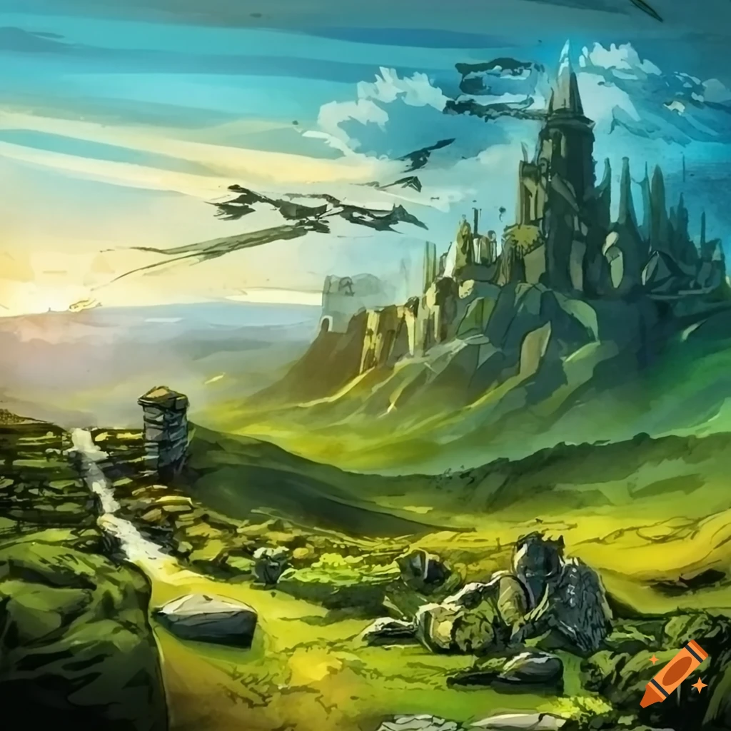 Comic book illustration of a stone path to a fantasy world