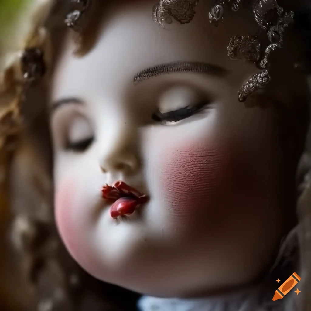 Sharp focus photograph of a victorian doll in mourning dress