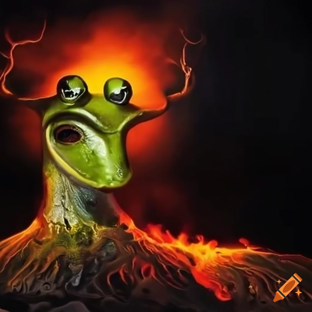 Artistic depiction of a frog on a volcano on Craiyon